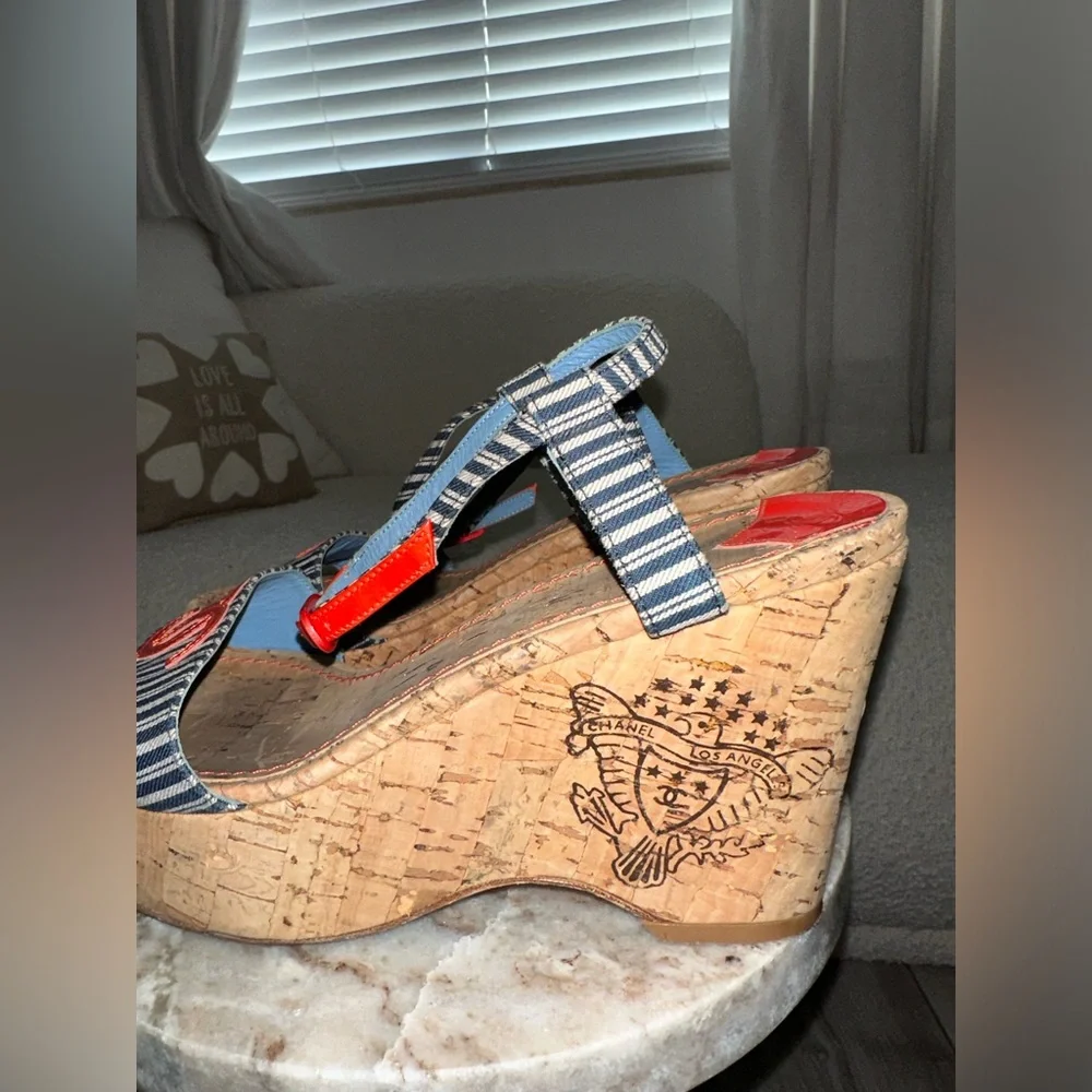 CHANEL | Shoes | Chanel 208 Interlocking Cc Nautical Wedge Sandal Eu 38 ...